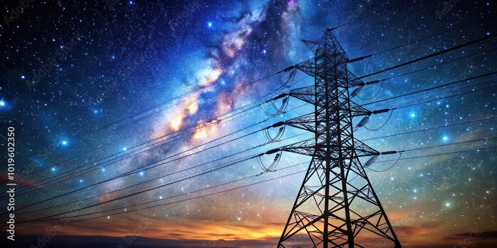 Electric transmission tower with glowing wires against a starry sky ...