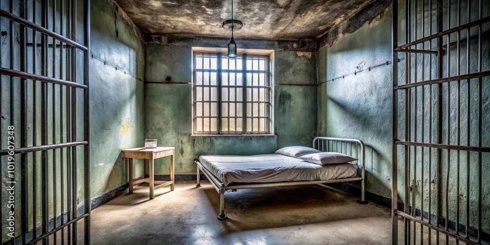 Gloomy interior of old jail cell with metal bars and a small bed ...