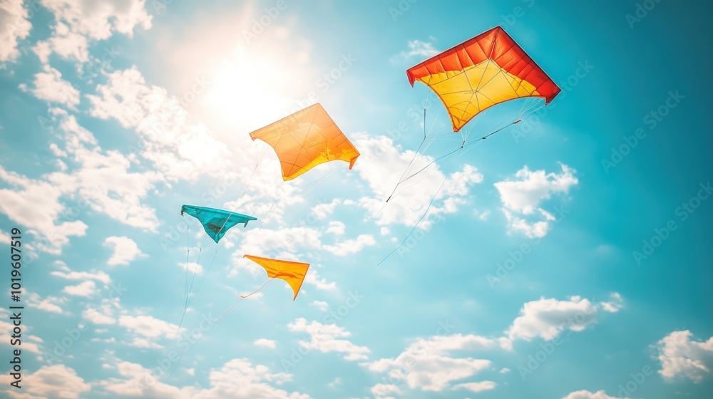 Four brightly colored kites fly high in a blue sky with puffy white ...
