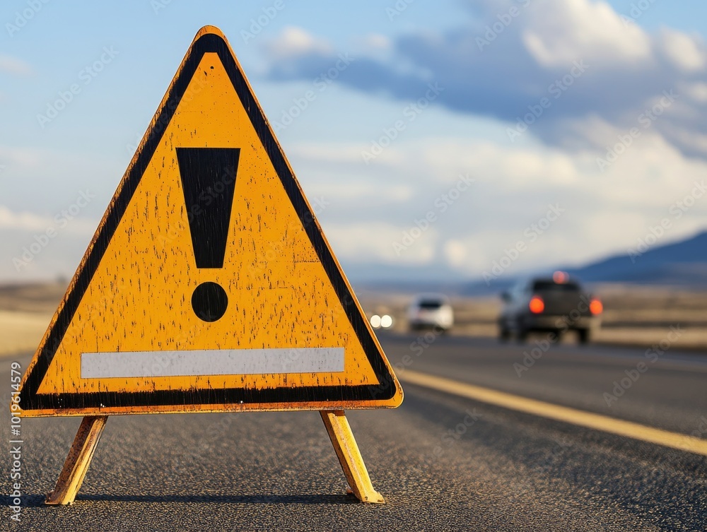 2408 26.A large triangular road warning sign with a reflective yellow ...