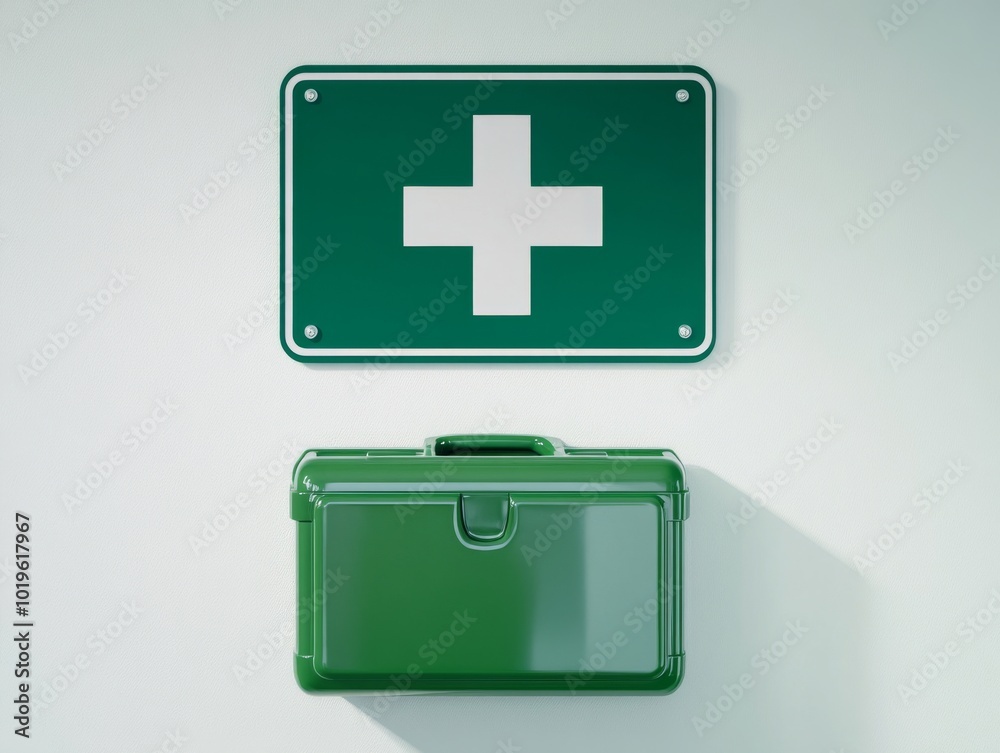 2408 134.A green first aid sign with a bold white cross is displayed ...