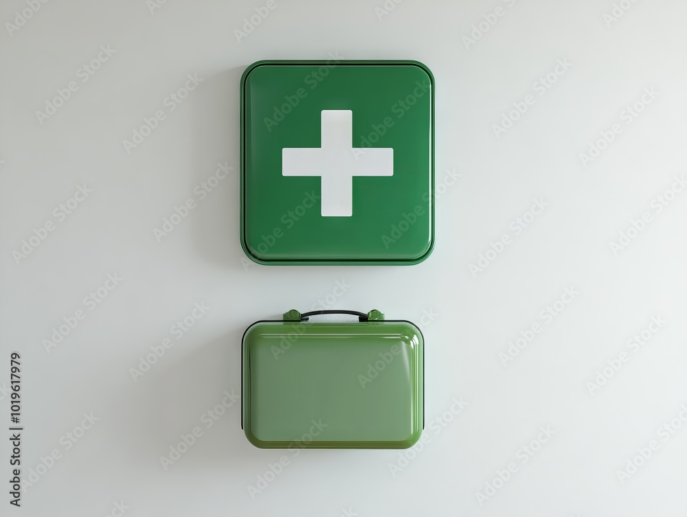 2408 134.A green first aid sign with a bold white cross is displayed ...