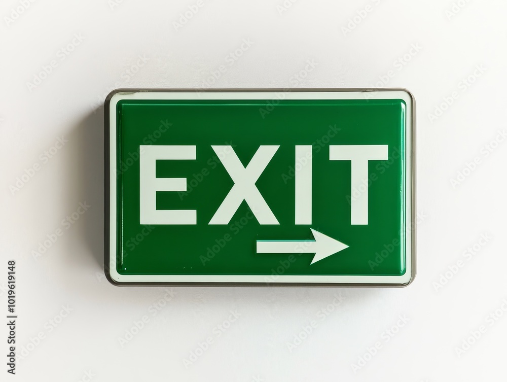 A clean, rectangular green exit sign displayed against a plain white ...