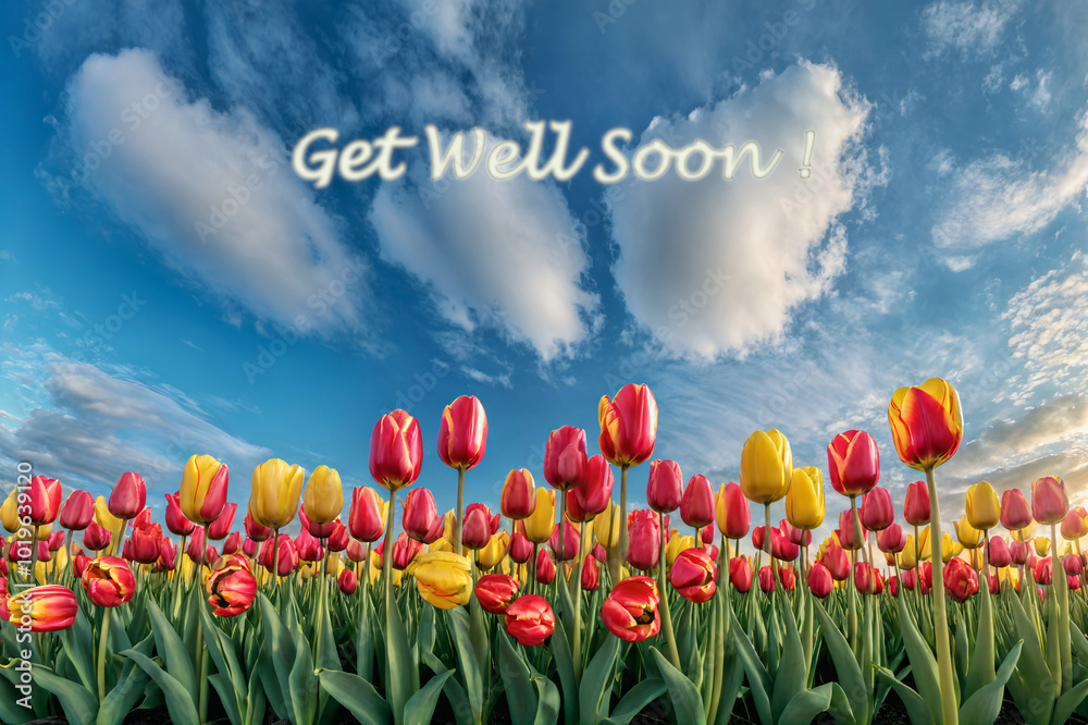 Get well soon card with a heartwarming bouquet of tulip conveying ...