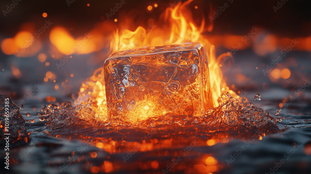 Burning ice cubes, surrounded by water and flames. Reflection of flames ...