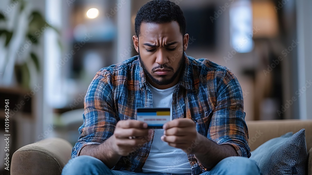 Upset cheated man sitting on couch in living room at home holding bank ...