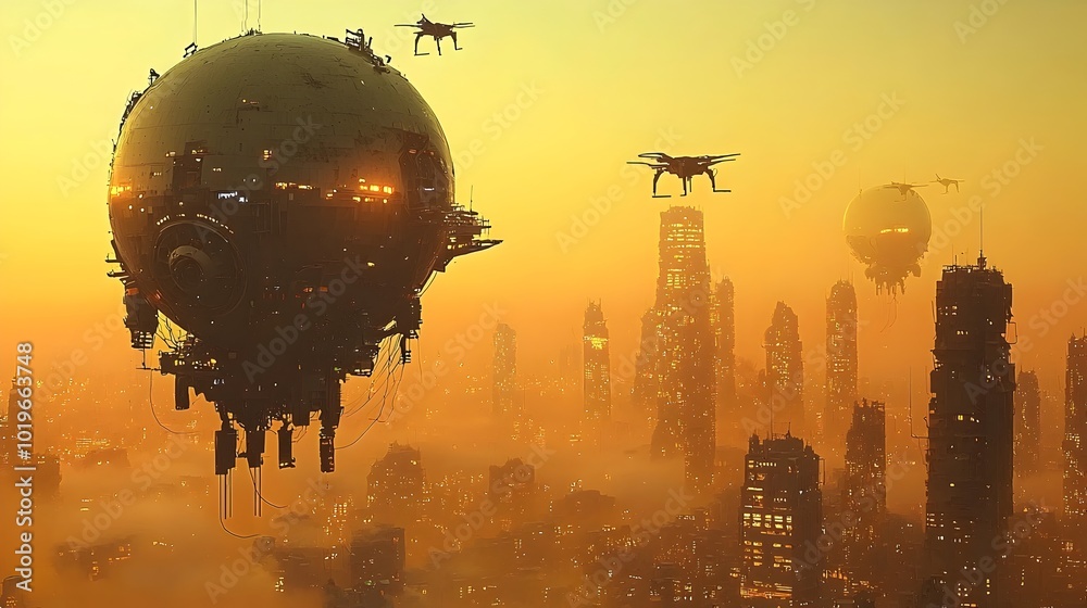 Robotic drones and aerial platforms patrolling a desolate post ...