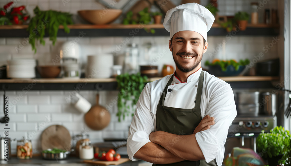 Professional Chef in a Modern Kitchen, Smiling Male Cook with Fresh ...