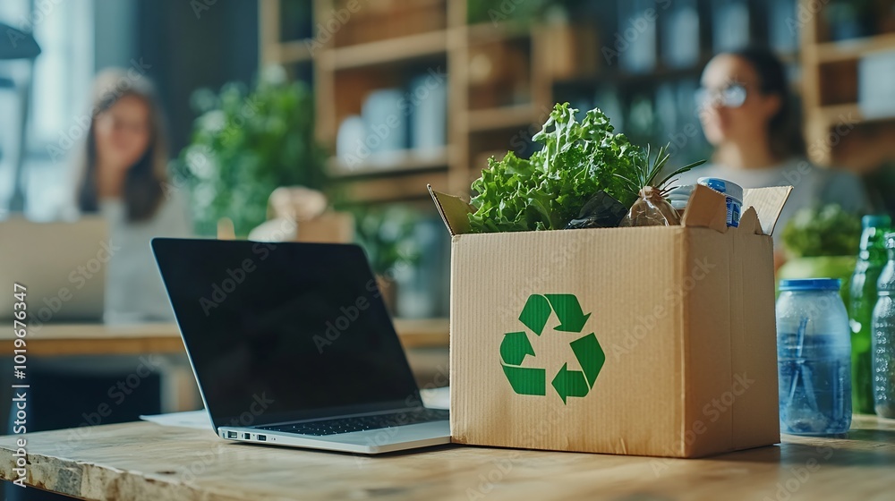 Recycle packaging displayed on laptop at a green business meeting while ...