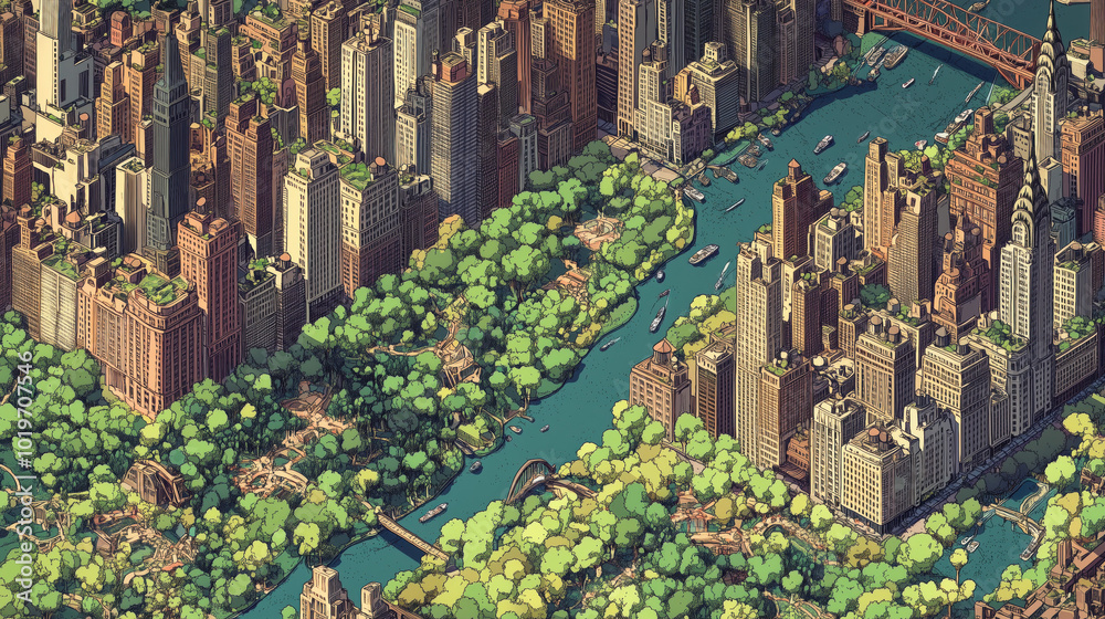 Cartoon drawing doodle map of Manhattan, New York City, NYC, top-down ...