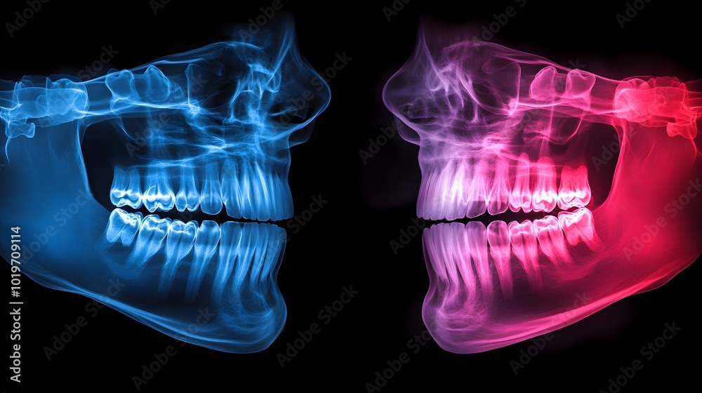 X-ray comparison of jaw alignment before and after braces, emphasizing ...