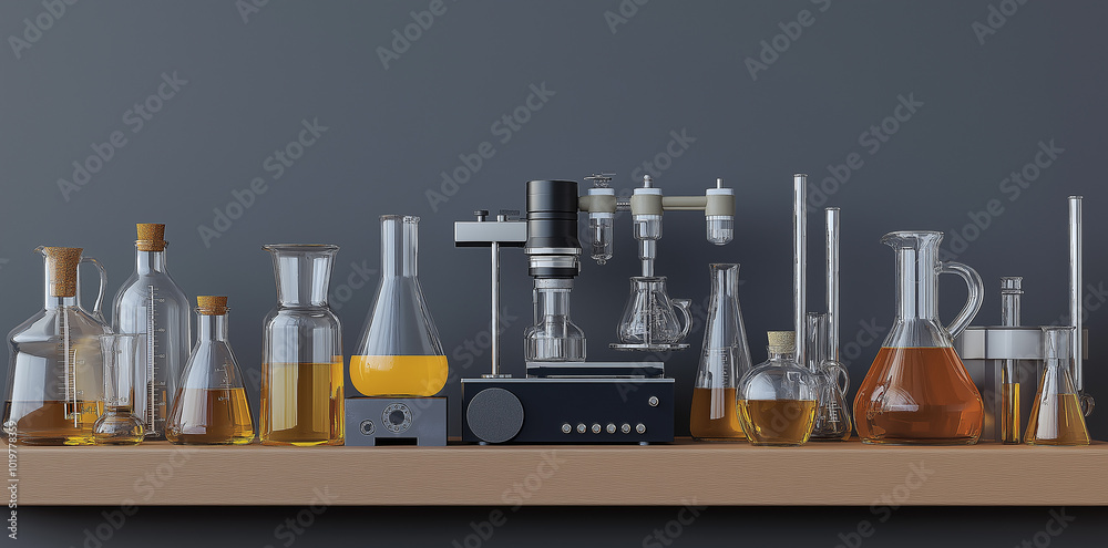 Scientific Laboratory Shelf with Beakers, Flasks, and Modern Equipment ...