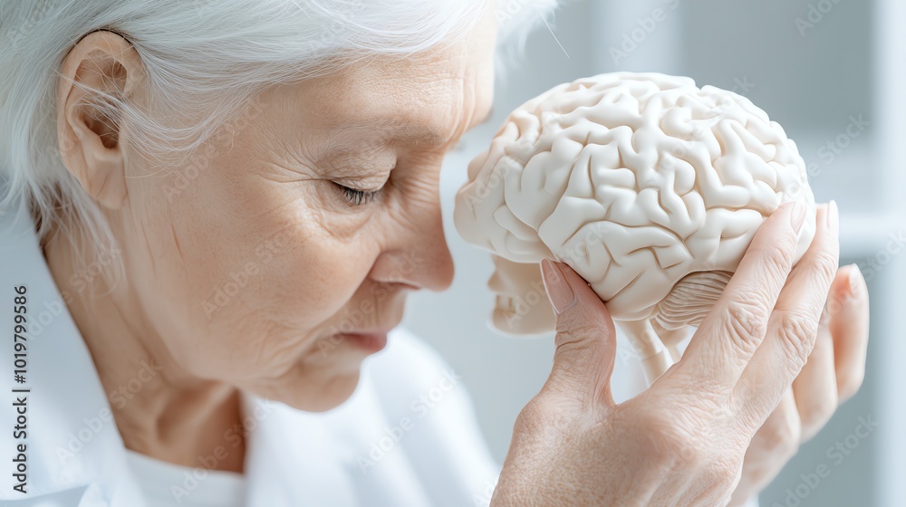 Elderly woman examining a human brain model in a science lab, focusing ...