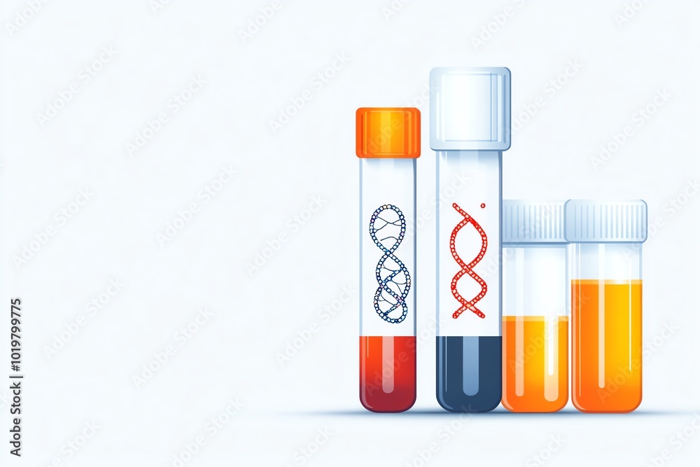 Laboratory test tubes with DNA symbols and colored fluids representing ...