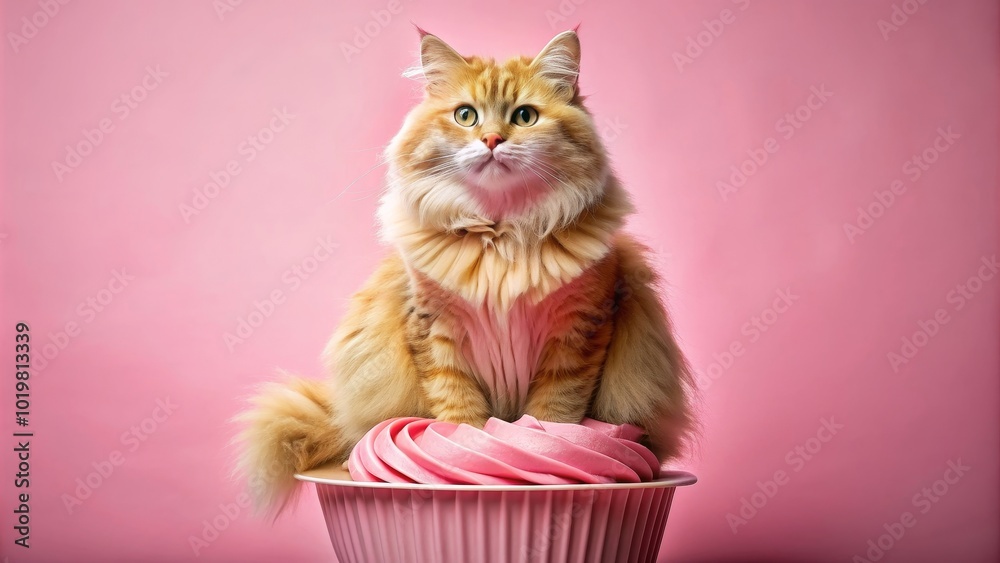 Fluffy pink cat sitting on giant cupcake, pink, fluffy, cat, cupcake ...