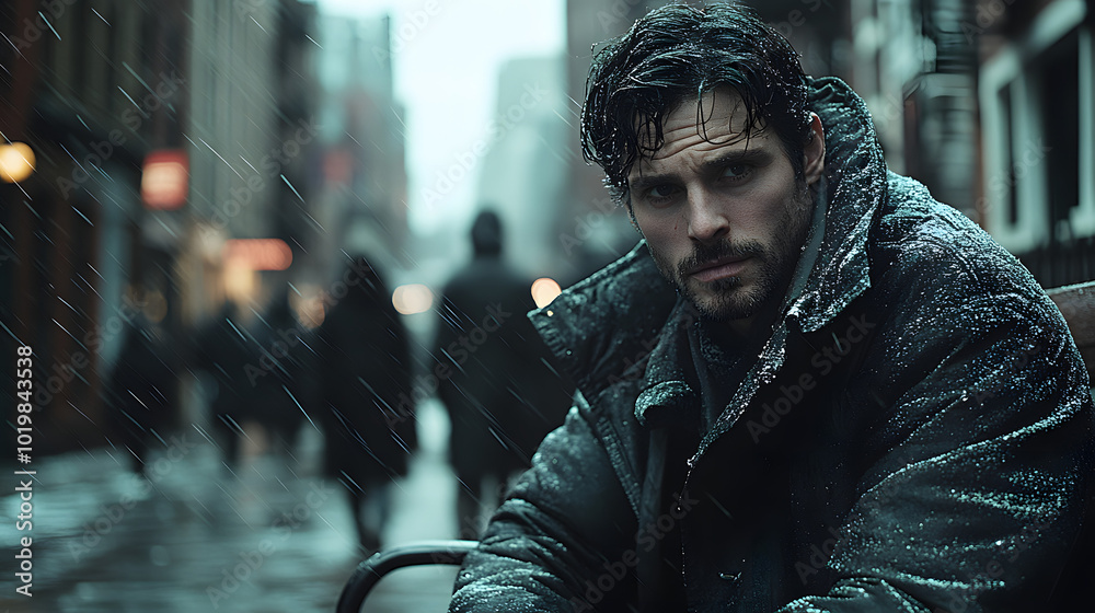 A cinematic shot of an actor in his late thirties with a serious ...