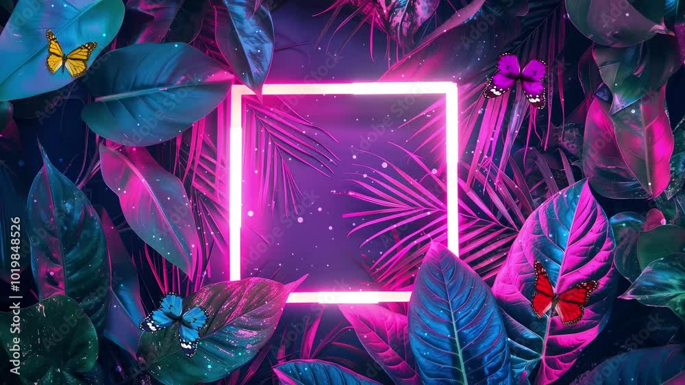 creative fluorescent color layout with glowing frame and tropical ...