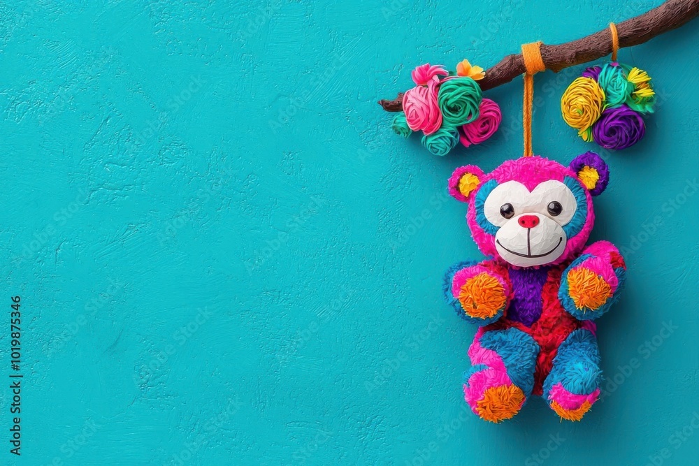 Paper mache monkey hanging from a branch, vibrant and textured design ...