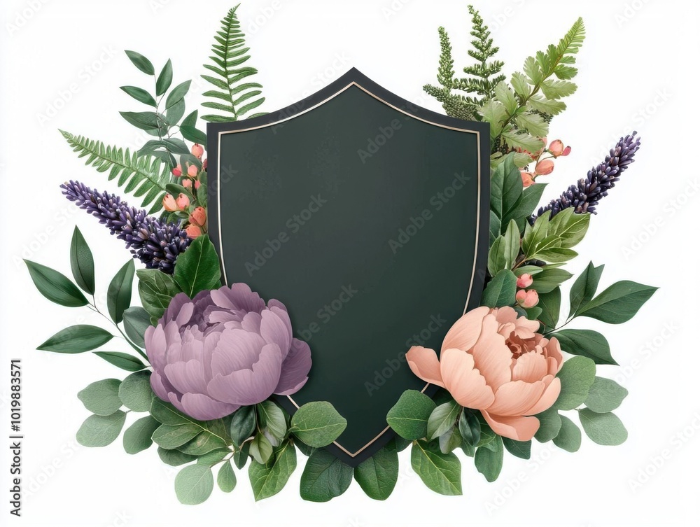Shield logo with flower bouquet base, incorporating lavender, peonies ...