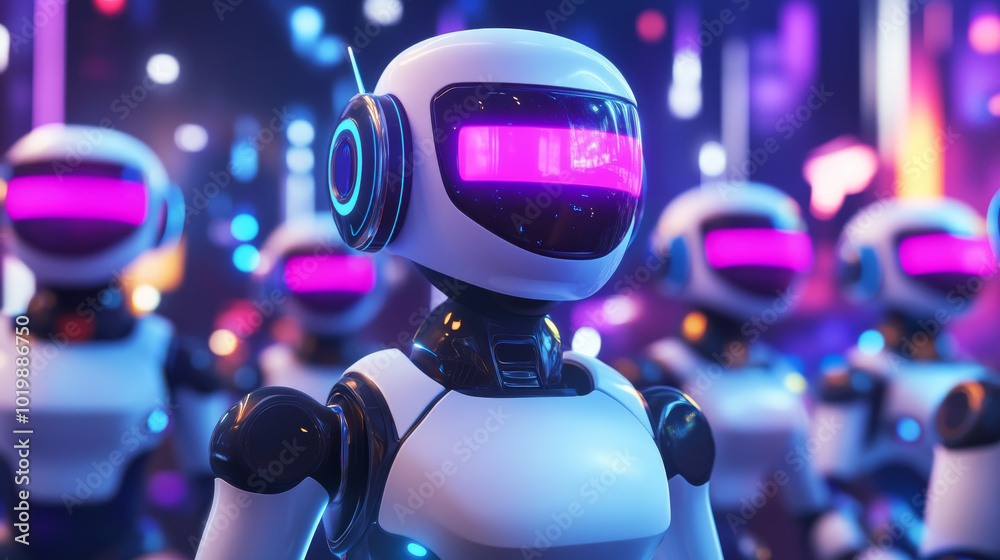 A group of robots with human-like parts work together in a digital ...