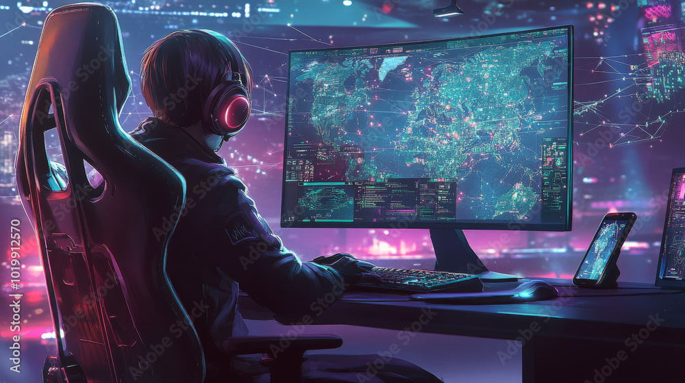 A gamer sits at their desk, ready to play. Their computer monitor shows ...