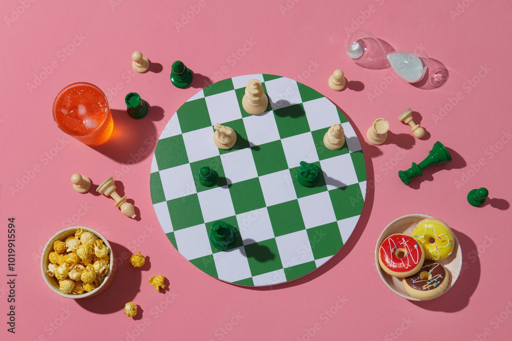 Chess Game Setup with Snacks and Beverage on Pink Background Stock ...