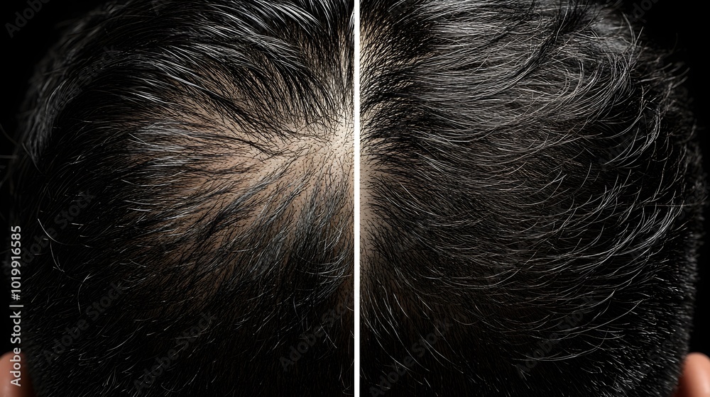 Detailed scalp images before and after a hair transplant, highlighting ...