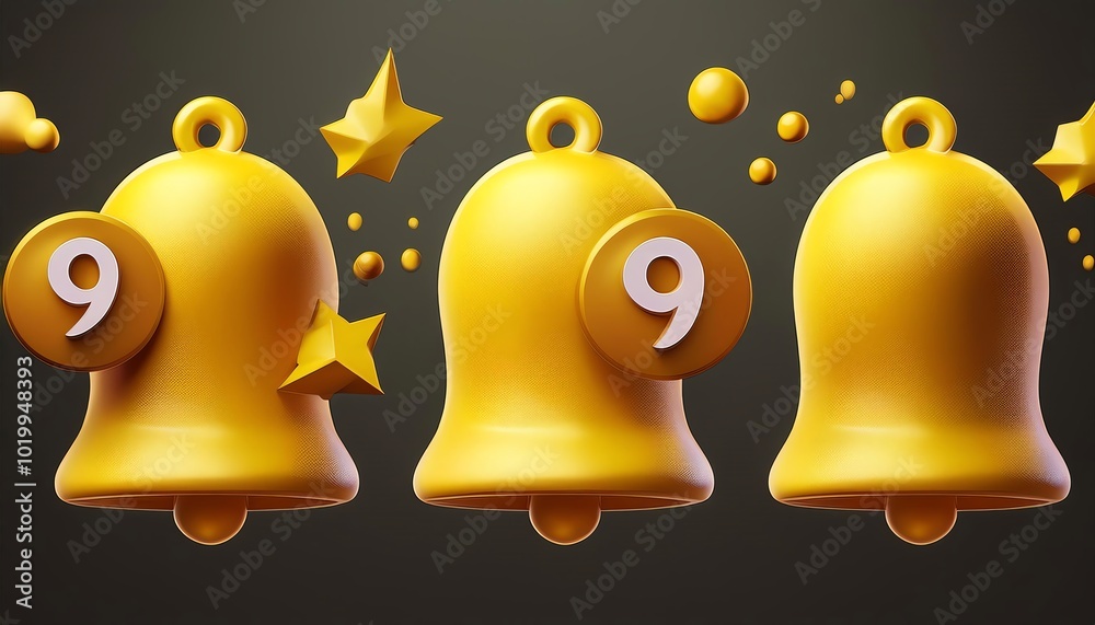 Three golden bells with the number nine, enhanced by stars and ...