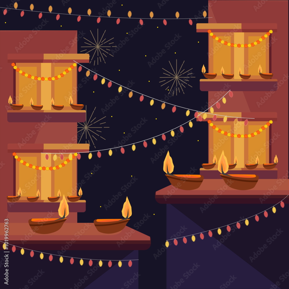 diwali view of a urban city decorated with lights diya fireworks ...