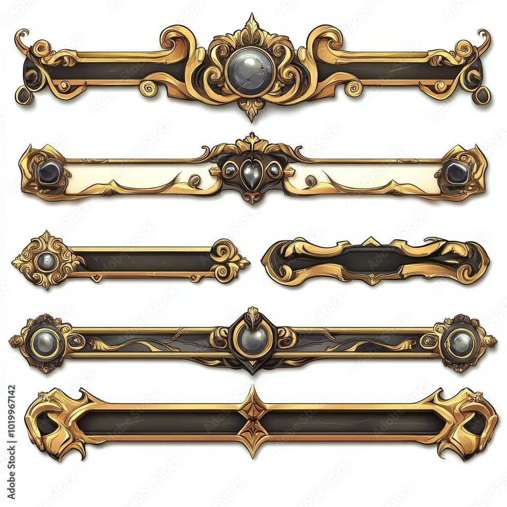 Design of golden fantasy game borders UI button frames isolated on ...