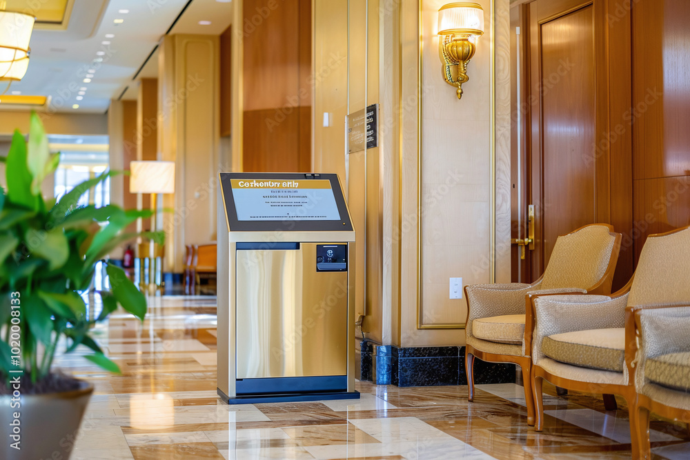 waiting area detail: digital check-in kiosk next to plush chairs and ...