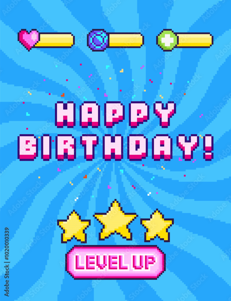 Retro pixel art happy birthday card. 8 bit greeting postcard. 80s, 90s ...