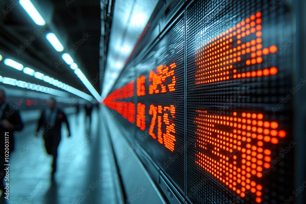 A modern subway platform showcasing digital signage with illuminated ...