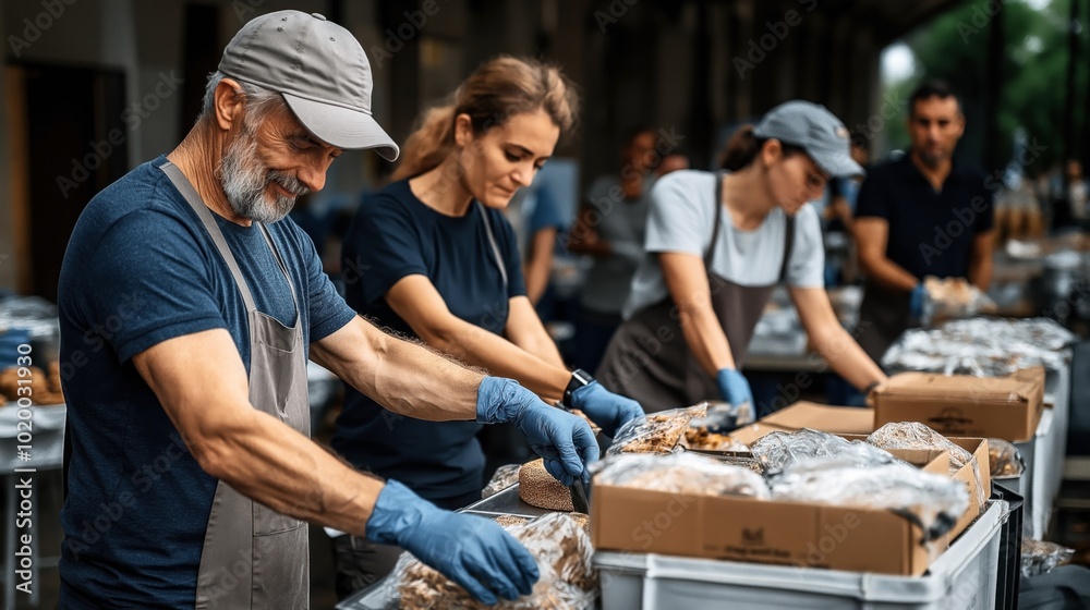 Group of volunteers packaging food in an outdoor community service ...