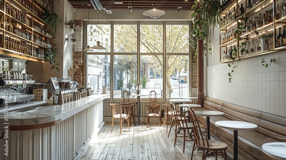 Inside cafe, view on the centered bar with white marble countertop ...