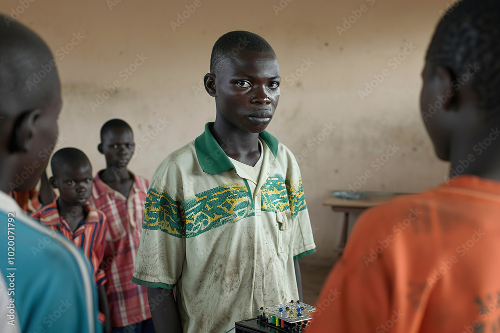 ingenious African student explaining his invention to classmates in ...
