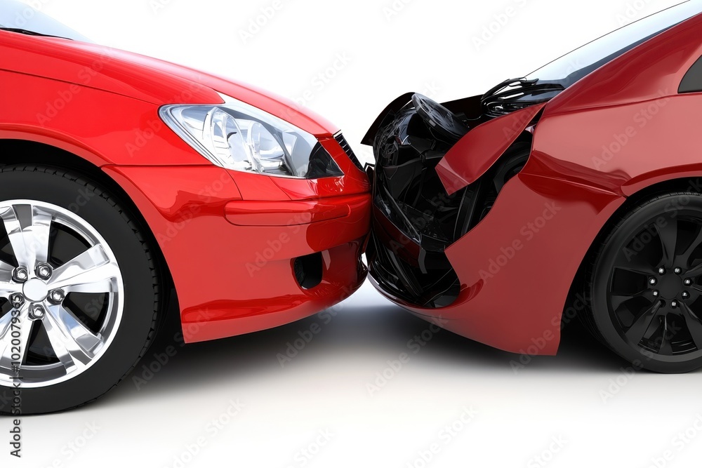 Two red cars in a minor collision with visible damage to the rear ...