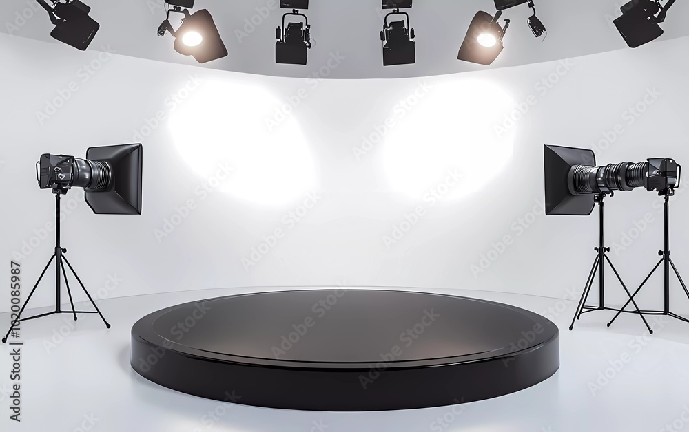 A 360-degree virtual reality studio set up with a round black podium ...
