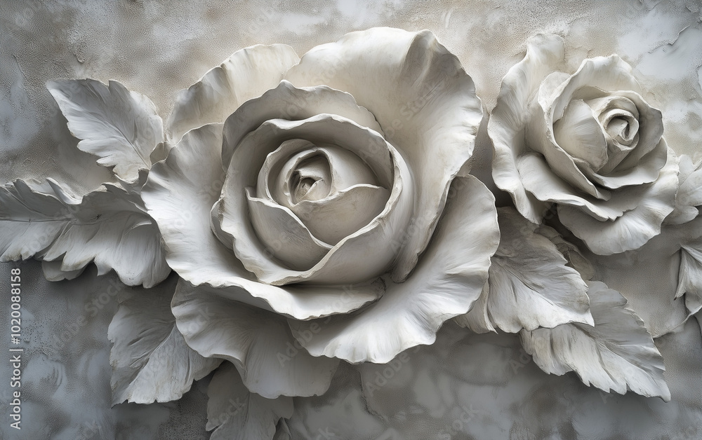 the surface of the plaster sculpture of a gray-white rose made of ...