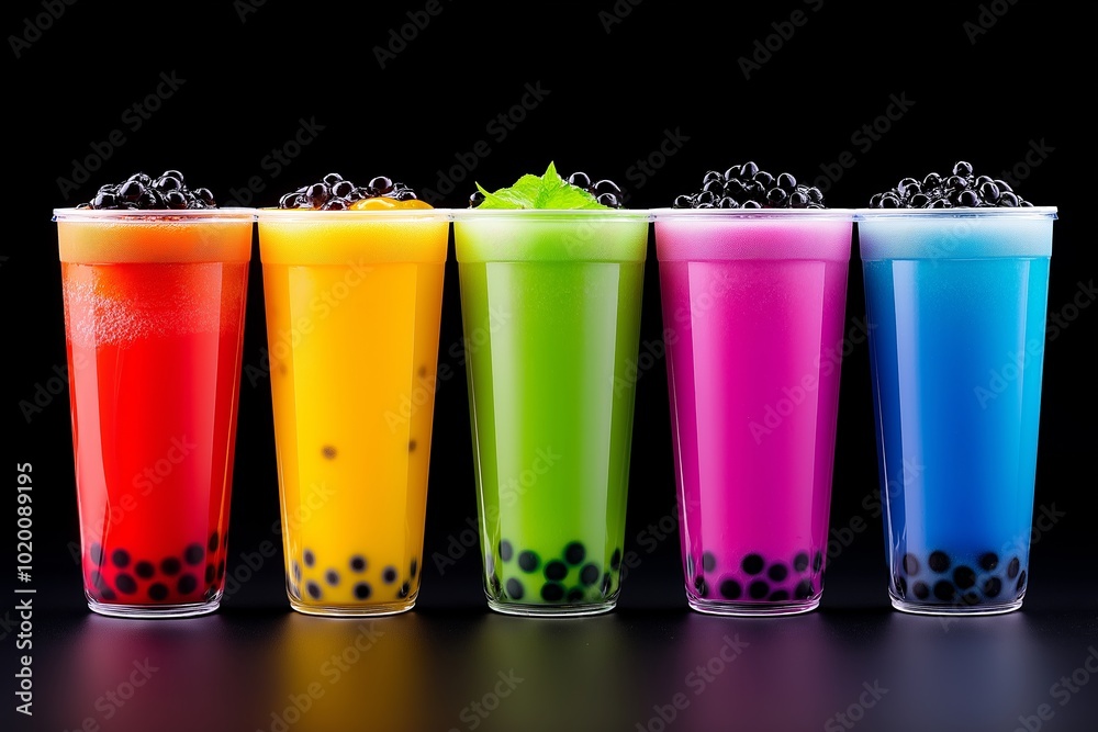 Five cups of different colors of drinks with bubbles. boba tea with ...