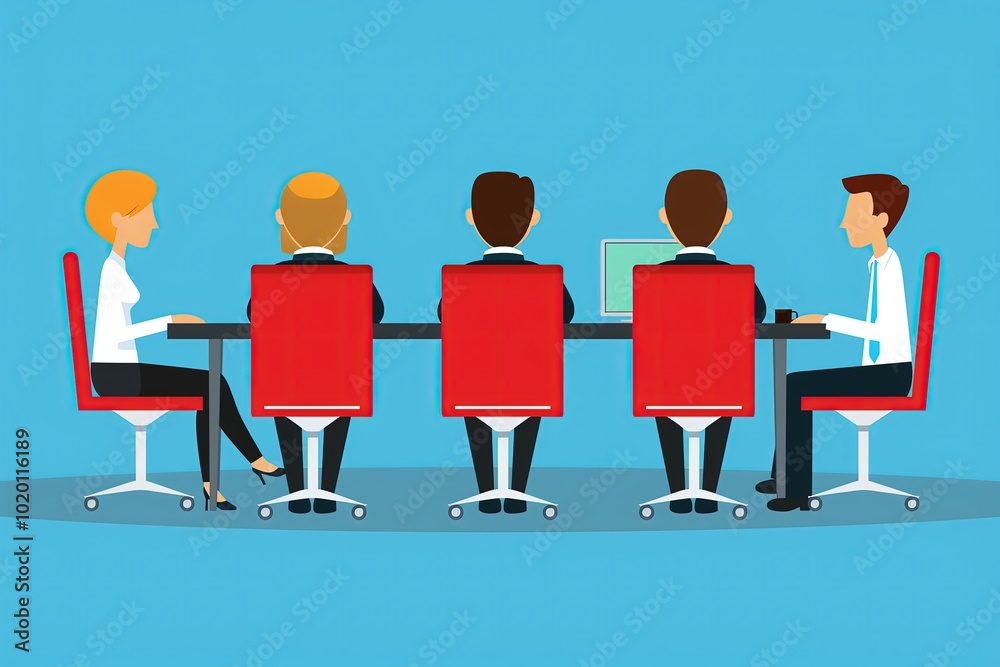 Vivid cartoon illustration of five enterprise employees gathering for a ...