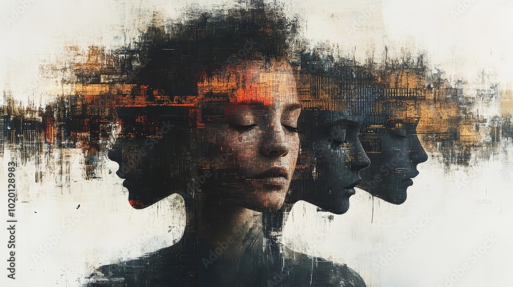 Abstract portraits with pixelated faces and distorted features blending ...