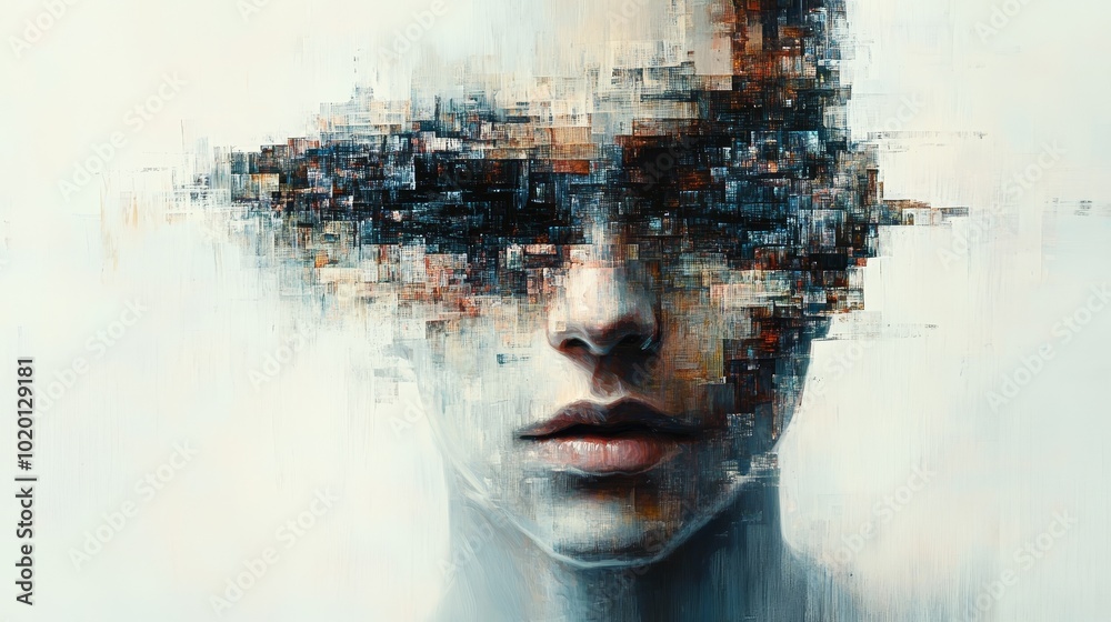 Abstract portraits with pixelated faces and distorted features blending ...