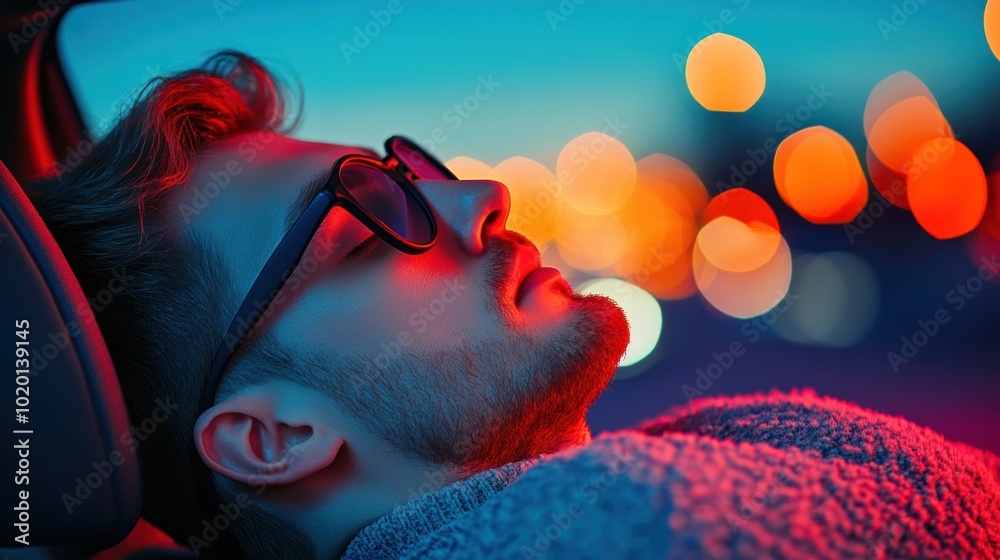 A photo of a driver slumped over the steering wheel, exhausted and ...