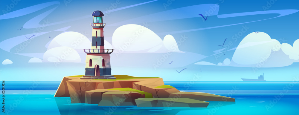 Cartoon sea or ocean landscape with vintage lighthouse on island with ...