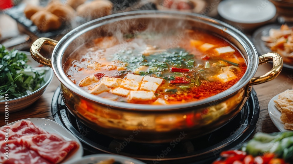Una olla caliente con tofu, vegetales y especias está cocinándose con ...