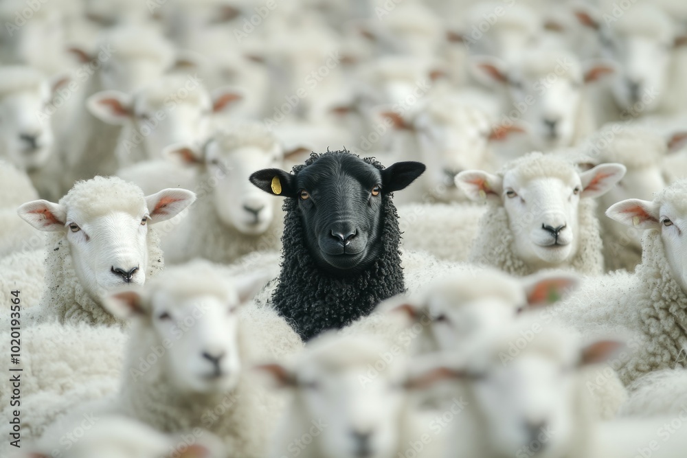 hundreds of white sheep with one black sheep in the middle. Stock Photo ...