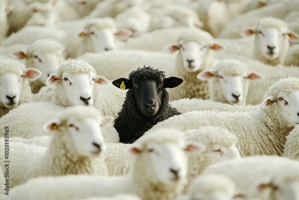 hundreds of white sheep with one black sheep in the middle. Stock Photo ...