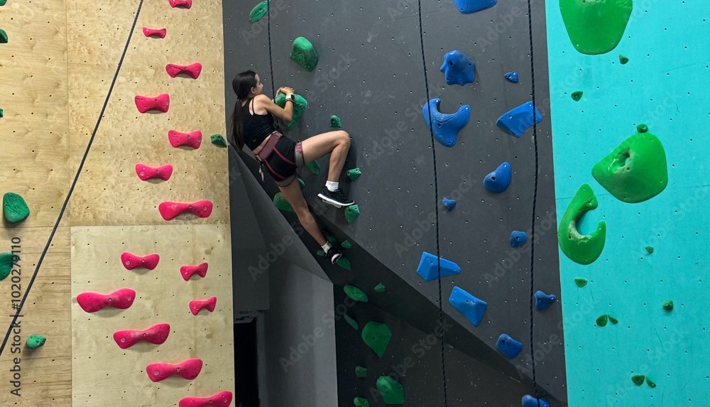 Teenage girl at indoor climbing wall. Kid having fun at bouldering wall ...
