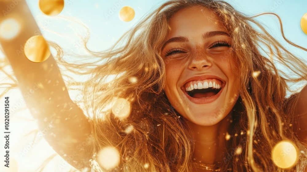 A vibrant young woman with a radiant smile shines brightly in an ...